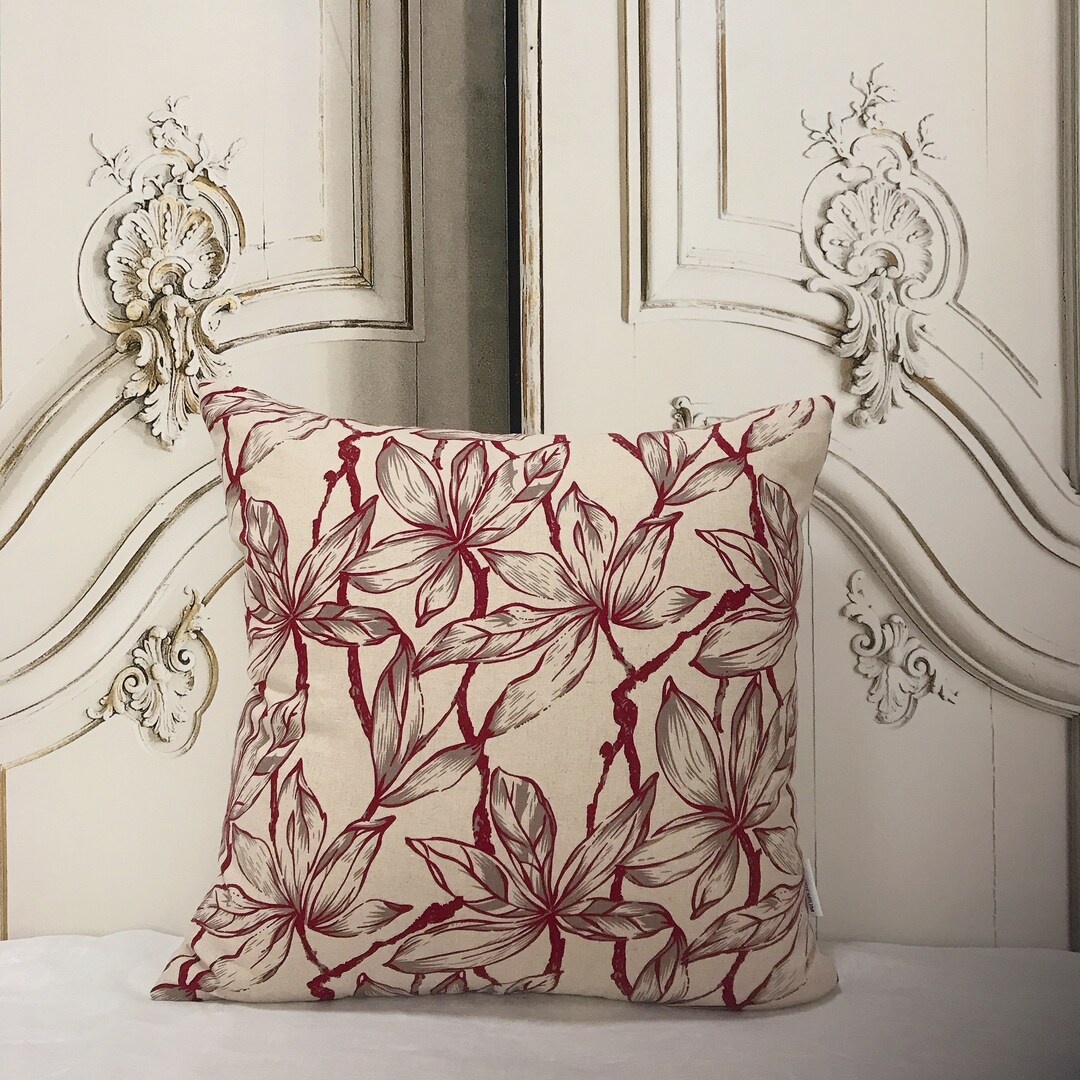 Modern Vintage Burgundy Floral Pattern Cushion Cover With Natural Beige ...