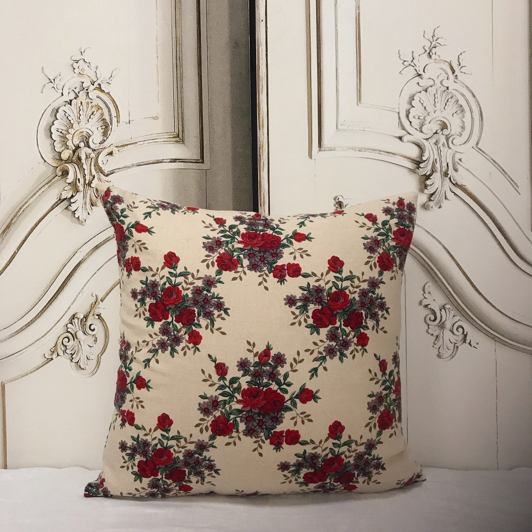 Modern Vintage Dark Red Floral Pattern Cushion Cover With Natural Beige ...