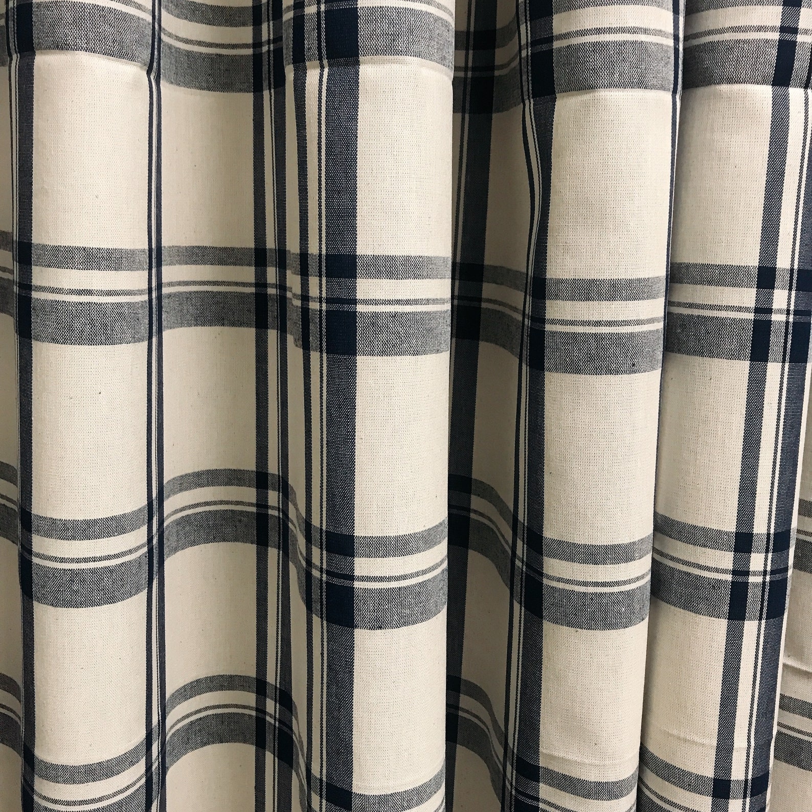Spruce Blue Check Patterned Cotton Curtain Ivory Background Drapery ...