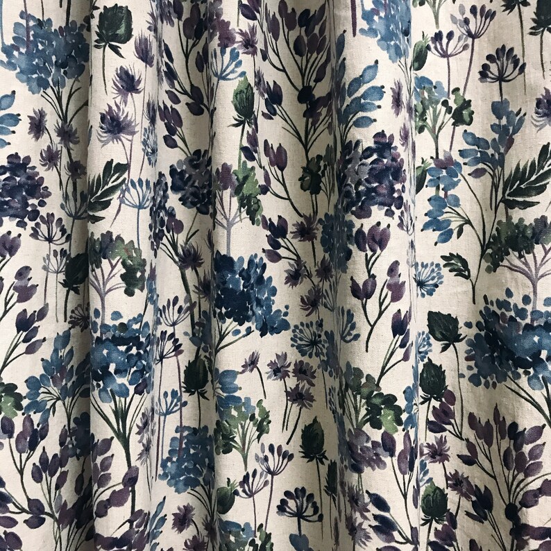 Modern Vintage Purple Blue Floral Pattern Linen Cotton Curtain | Etsy