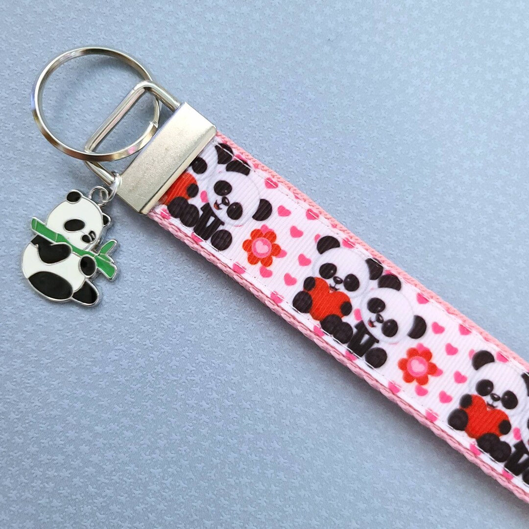 Adorable Pandas Holding Hearts Key Fob Wristlet, Panda Key Chain With ...