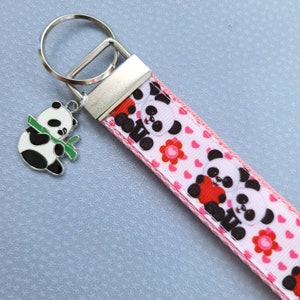 Adorable Pandas Holding Hearts Key Fob Wristlet, Panda Key Chain With ...