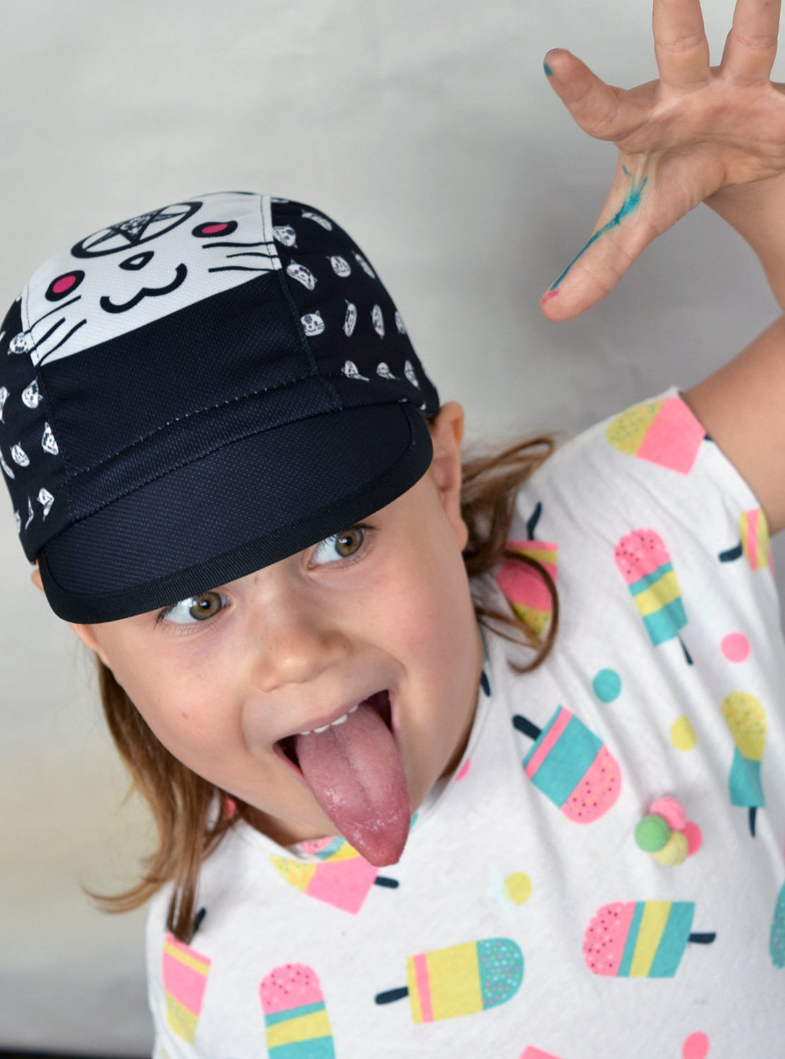 Black Cycling Cap With Satanic Cat Print, Spandex Cycle Hat, Pentagram ...