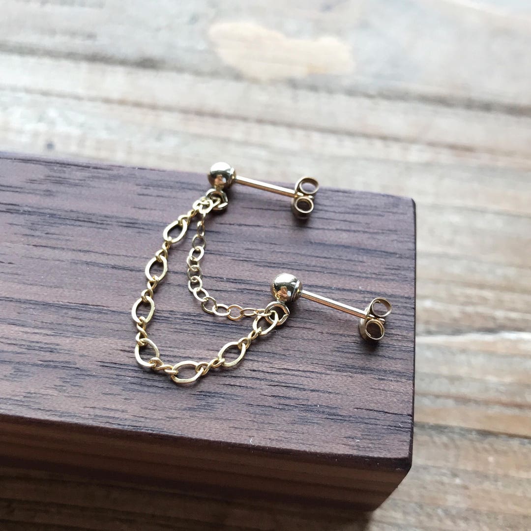 14k Gold Filled/925 Sterling Silver-2 Holes Double Chains Lobe Earring ...