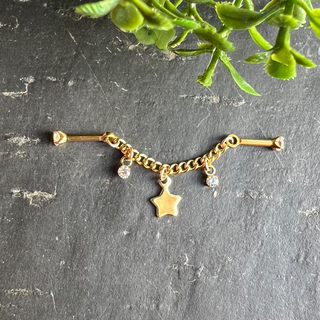 Dainty Star Moon Diamond Chain Industrial Earring Piercing CZ Push in ...