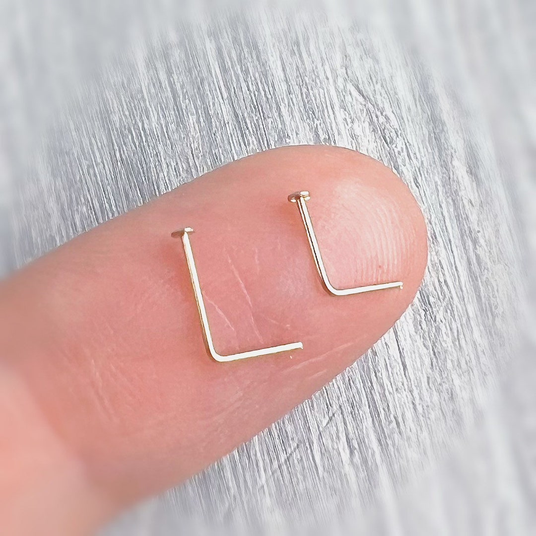 14k Solid Gold Super Thin 24 Gauge Tiny Flat Top Nose Stud L Shape Nose ...