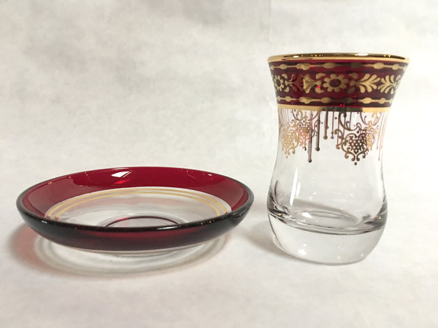 Burgandy and Gold trimTea glass, Turkish tea set, Turkish Cups ...
