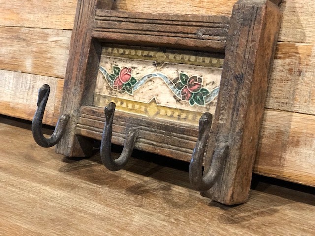 Vintage 3 hooks in wooden frame and flower tile., hooks, Wall Hook, set ...