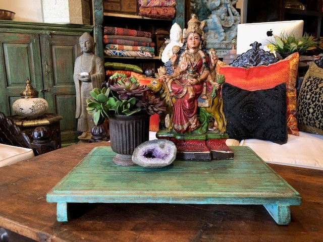 See Green Low Wooden Bajot, vintage low table, wooden decorative accent ...