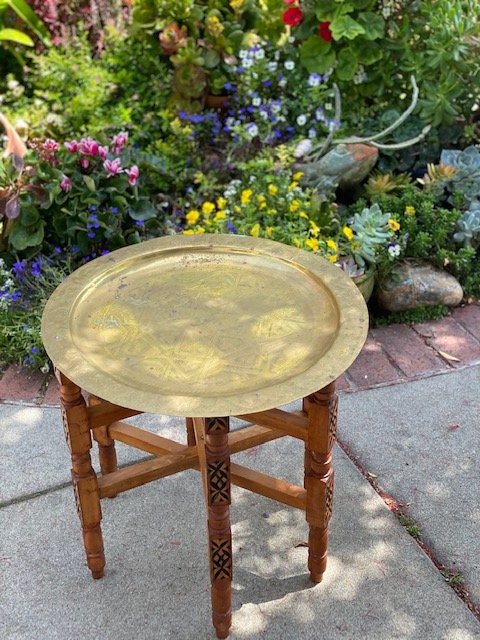 Moroccan End Table with Brass Tray and Wooden Legs, Foldable Vintage ...