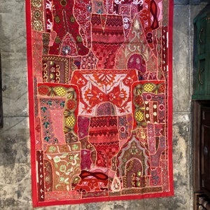 Red Bohemian Patchwork Tapestries, Multi Color, Wall Hanging, Table ...