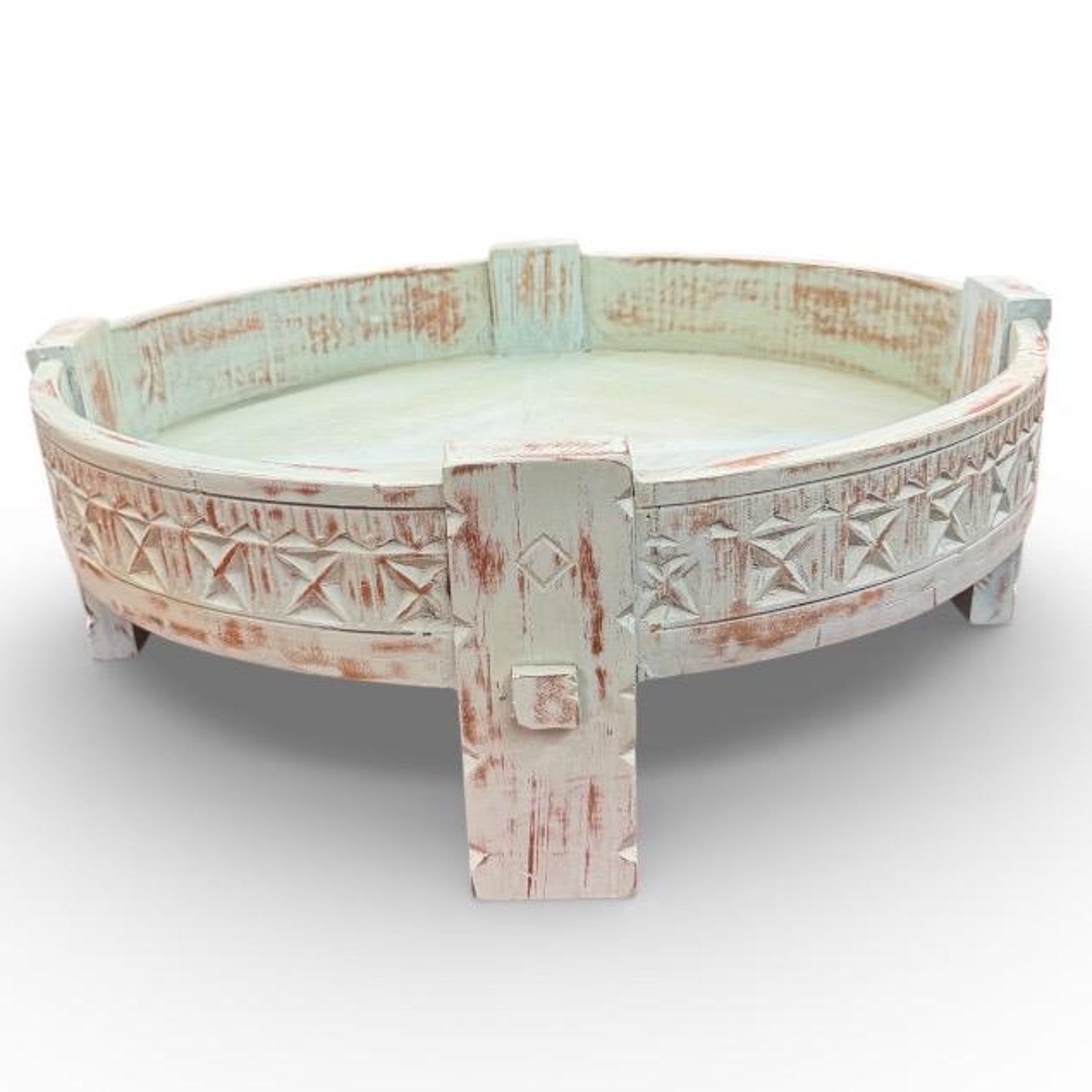 Hand Carved Indian Chakki Table, Light Blue Accent Ottoman Coffee Table ...