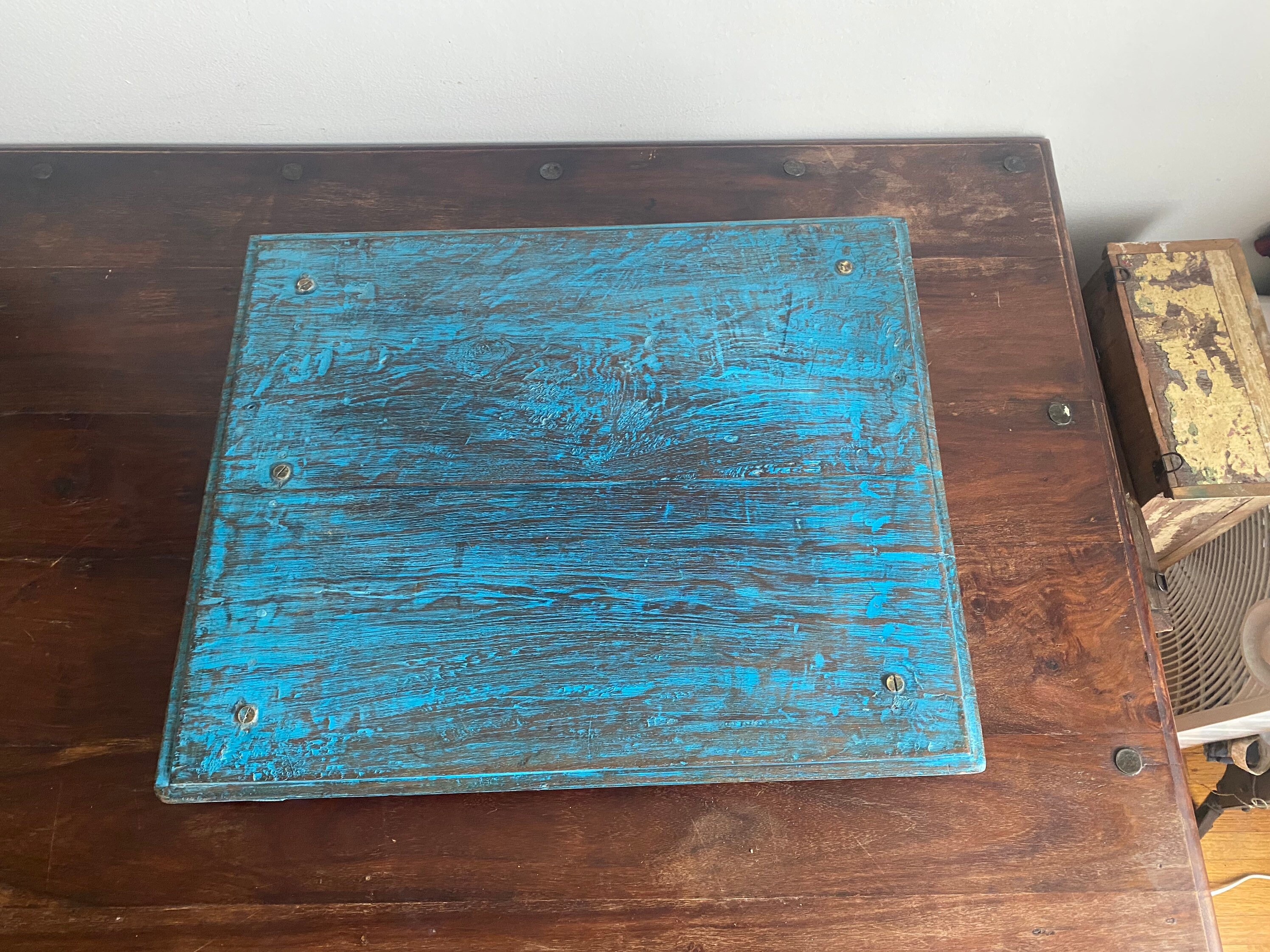 Blue Vintage Low Wooden Bajot, vintage low table, wooden decorative ...