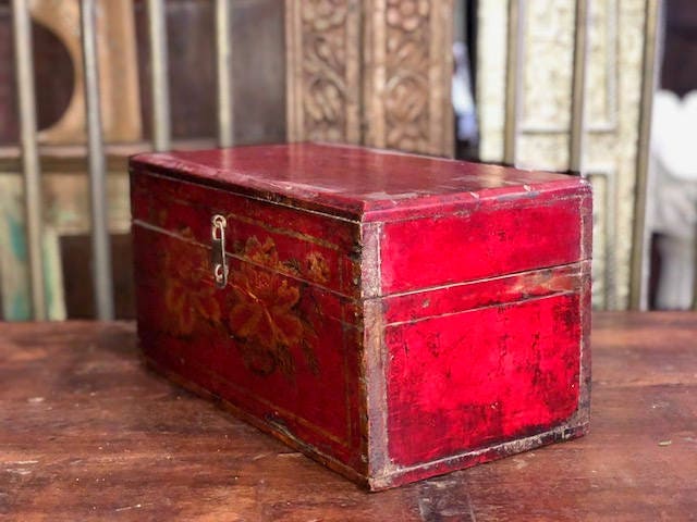 Red Wooden carved box, Red painted Vintage handcart jewelry box, wooden ...