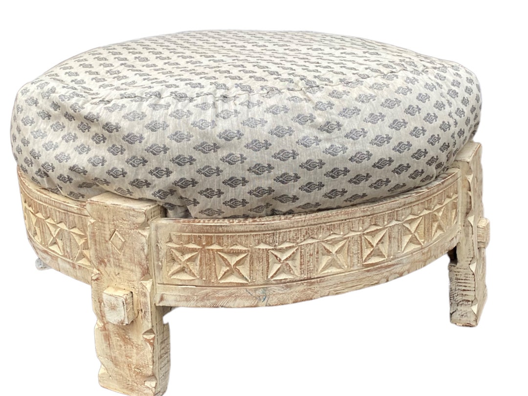 Hand Carved Indian Chakki Ottoman: Whitewash Accent Coffee Table - Etsy