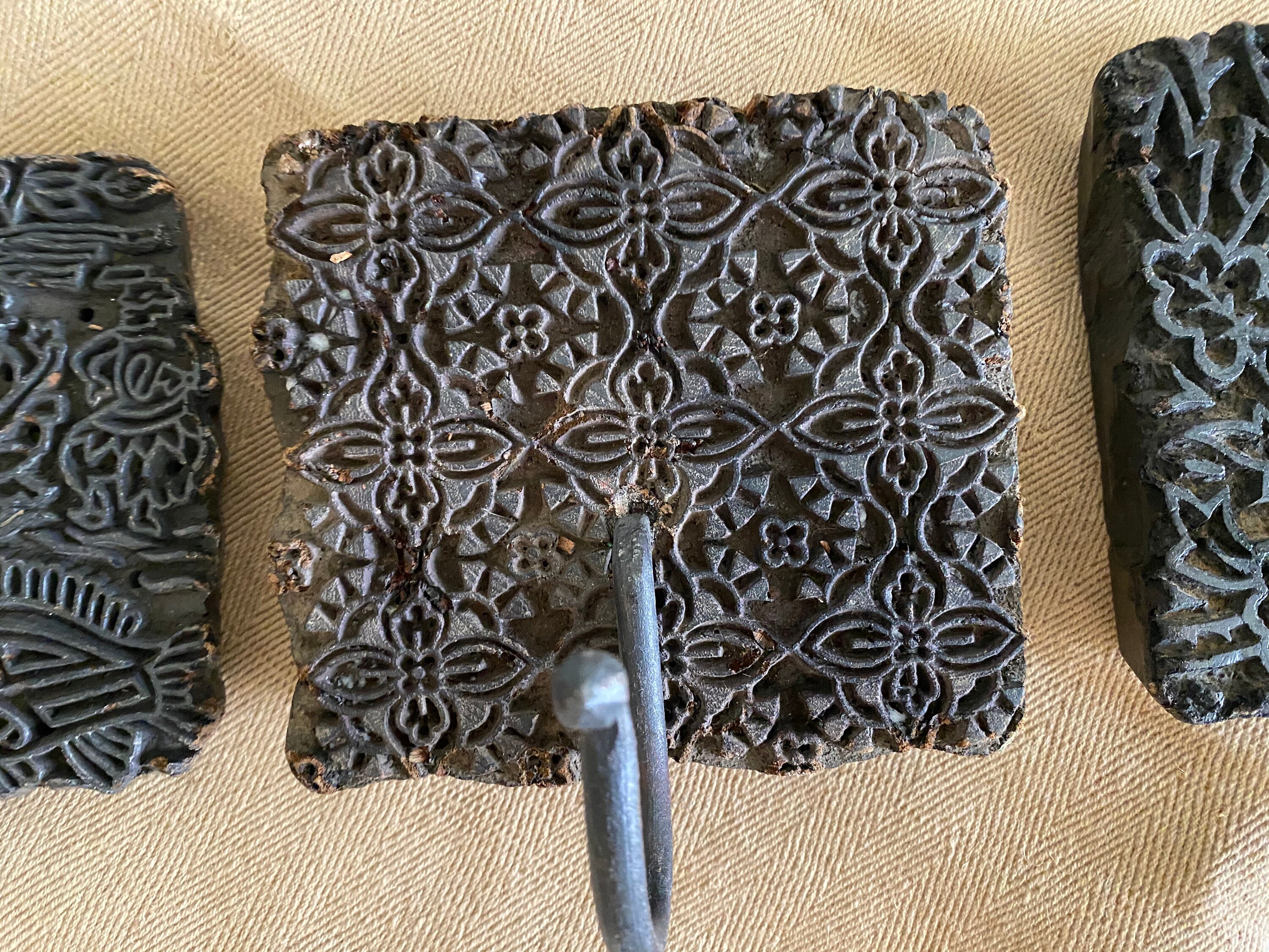 Vintage wooden sari block print hooks, hooks, Batik Ink Block Wall Hook ...