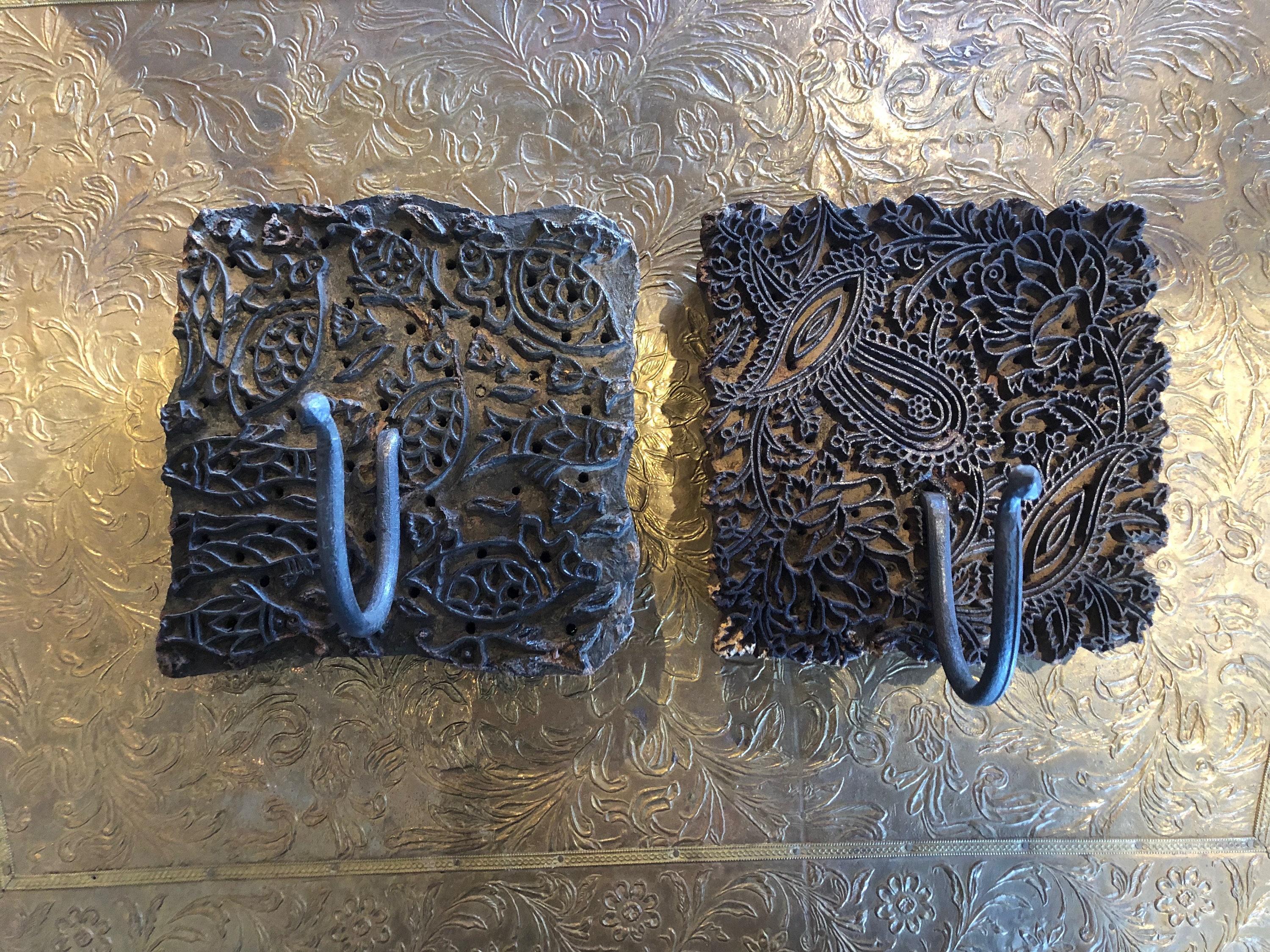 Vintage wooden sari block print hooks, hooks, Batik Ink Block Wall Hook ...
