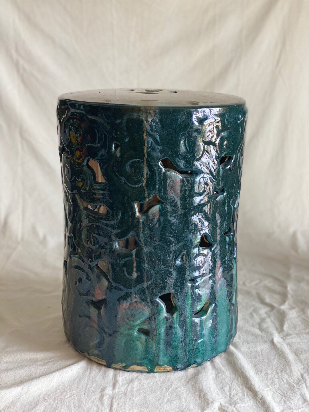 Chinese Ceramic Clay Stool, Column Garden Stool, Green Glaze, End Table ...