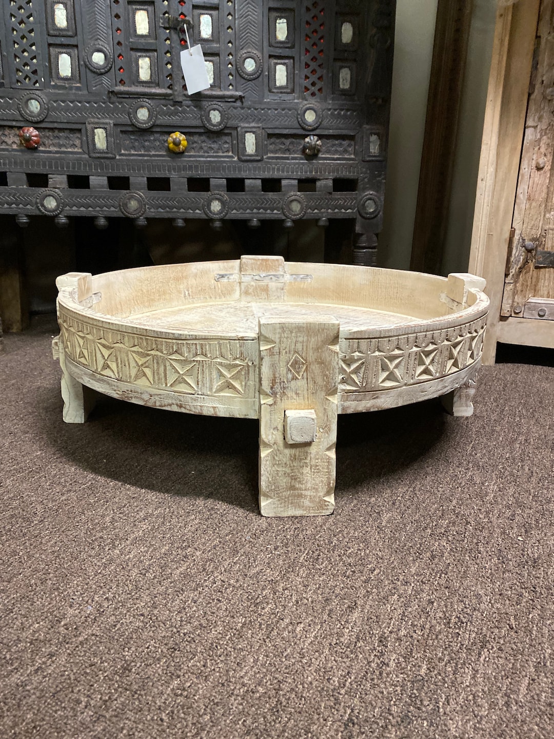Hand Carved Indian Chakki Table: Whitewash Accent Ottoman Coffee Table ...