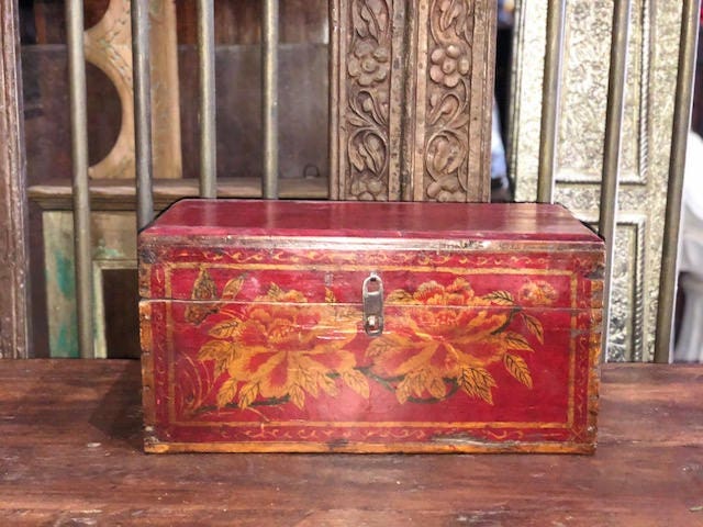 Red Wooden carved box, Red painted Vintage handcart jewelry box, wooden ...