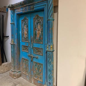 Turquoise Radha Krishna Door, Indian Antique Door, Garden Door, Solid ...