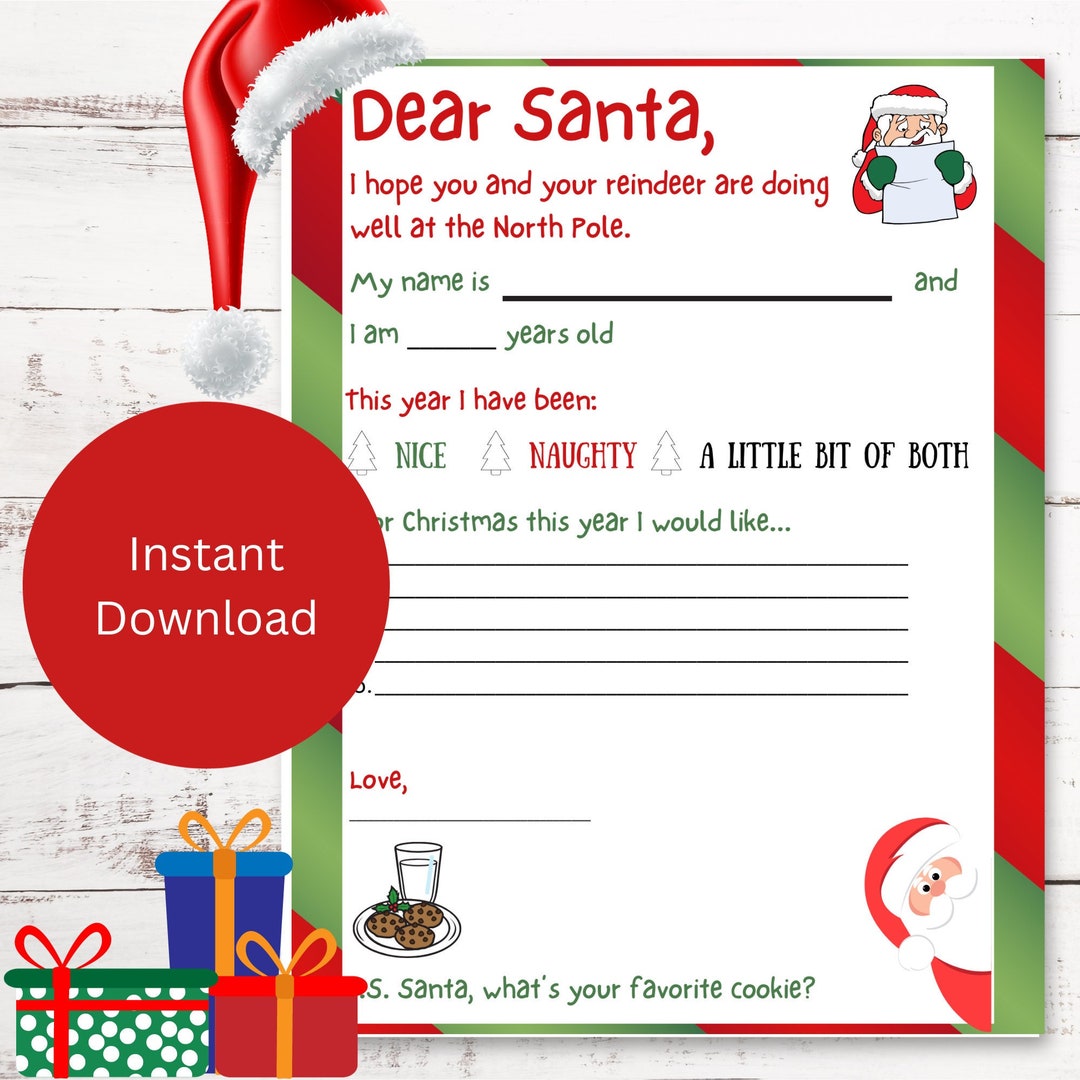 Printable Dear Santa Letter - 8.5" X 11" - Santa Claus Christmas Wish ...