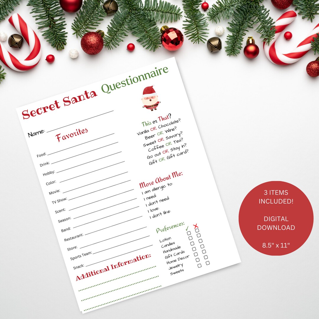 Printable Secret Santa Kit Instant Download. Includes Questionnaire ...