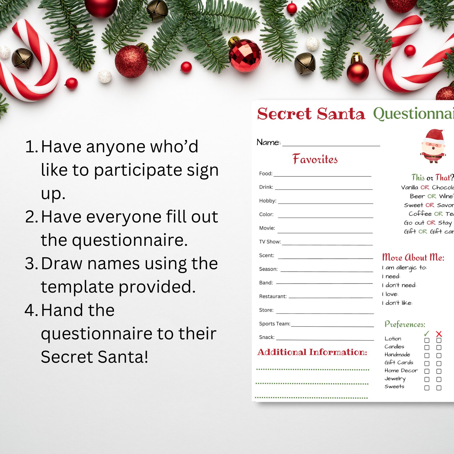 Printable Secret Santa Kit Instant Download. Includes Questionnaire ...