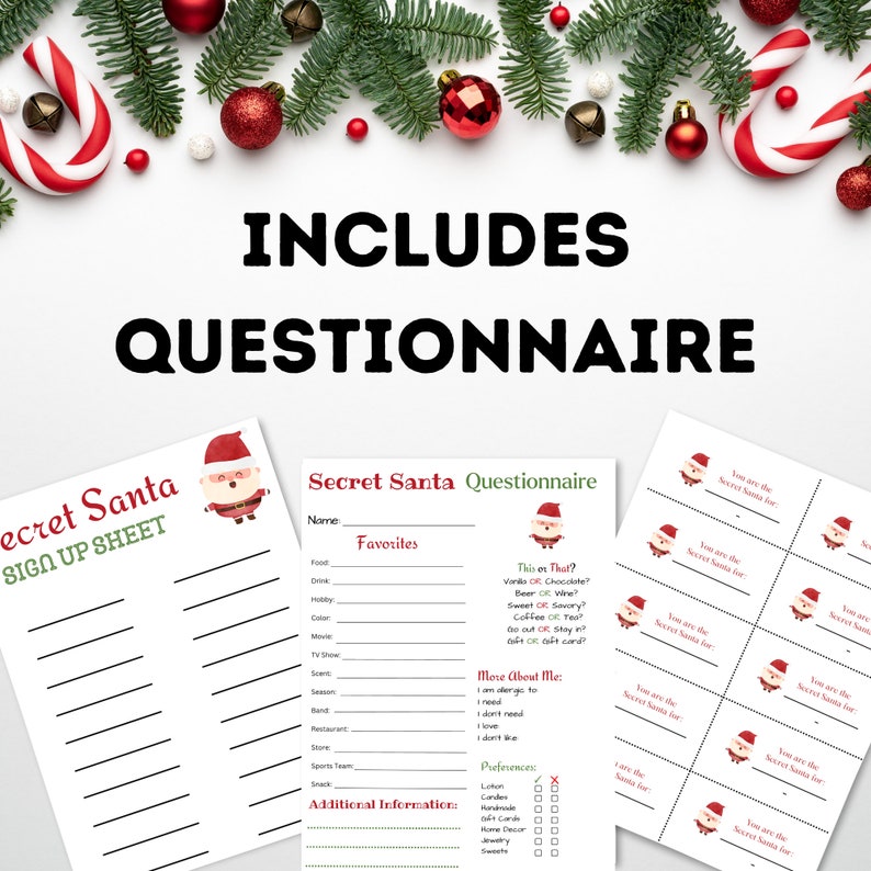 Printable Secret Santa Kit Instant Download. Includes Questionnaire ...