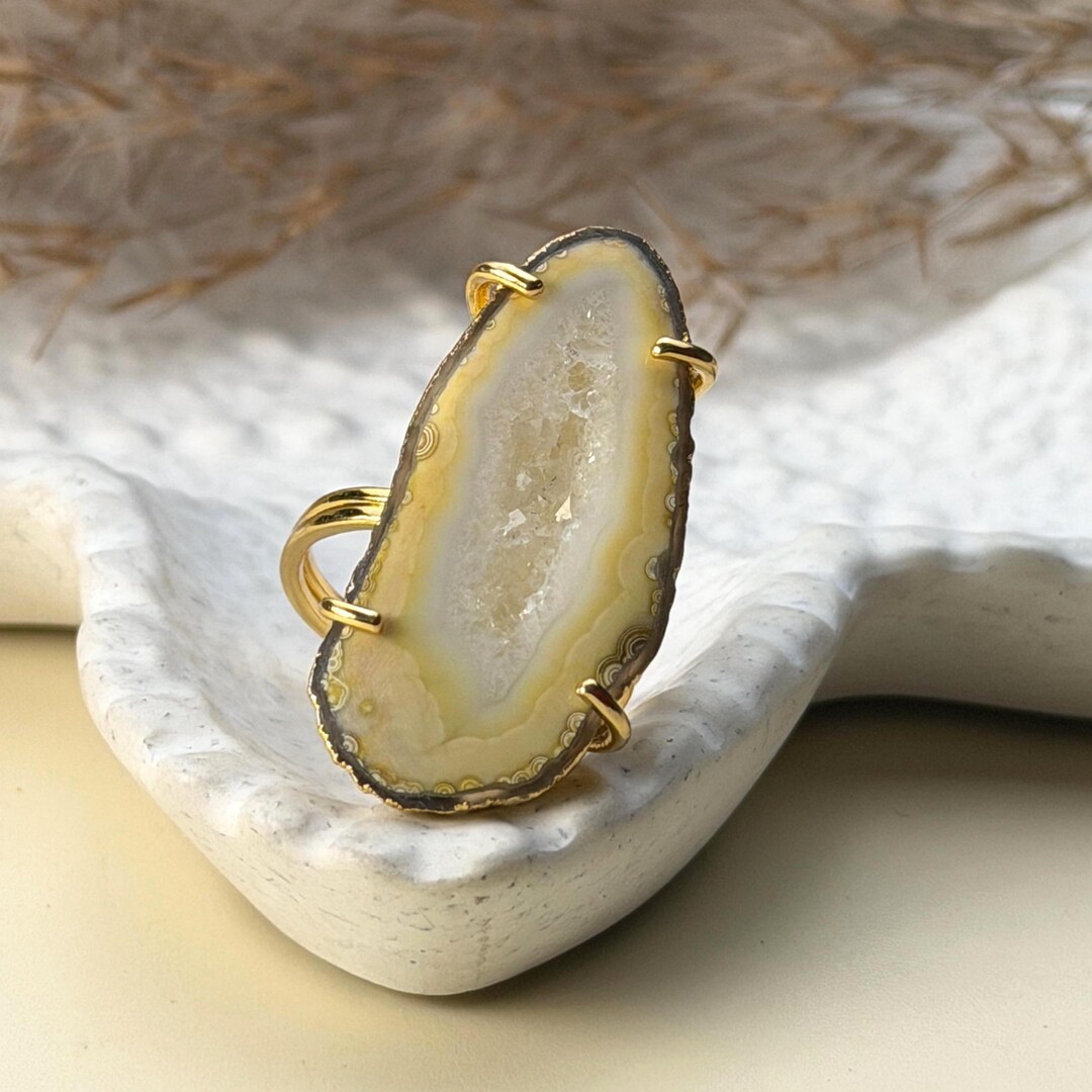 Natural Yellow Agate Geode Adjustable Ring, Gold Plated Brass Raw ...