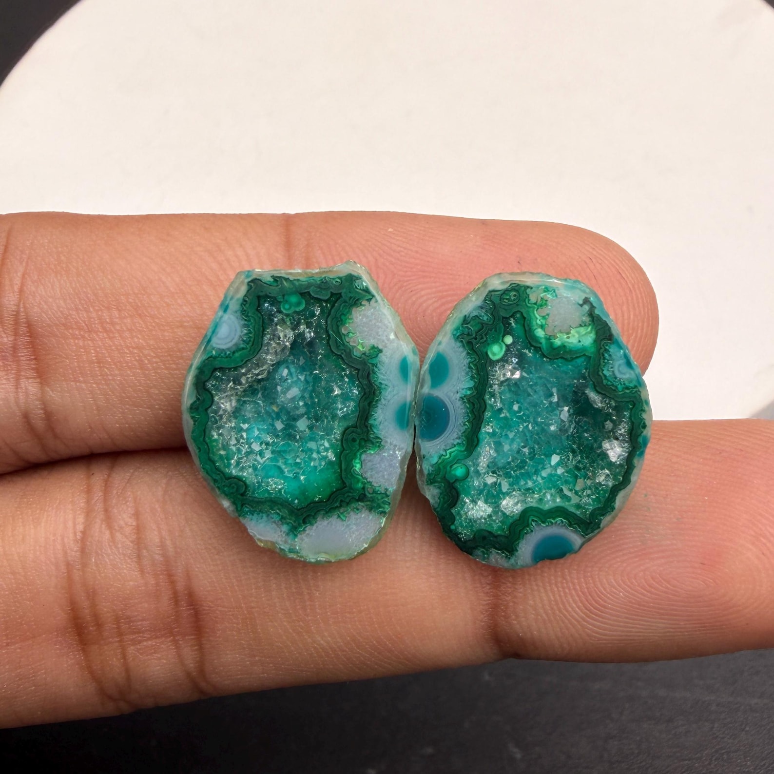 Teal Green Agate Geode Druzy Pairs • Raw Crystal Gemstone Cabochons ...