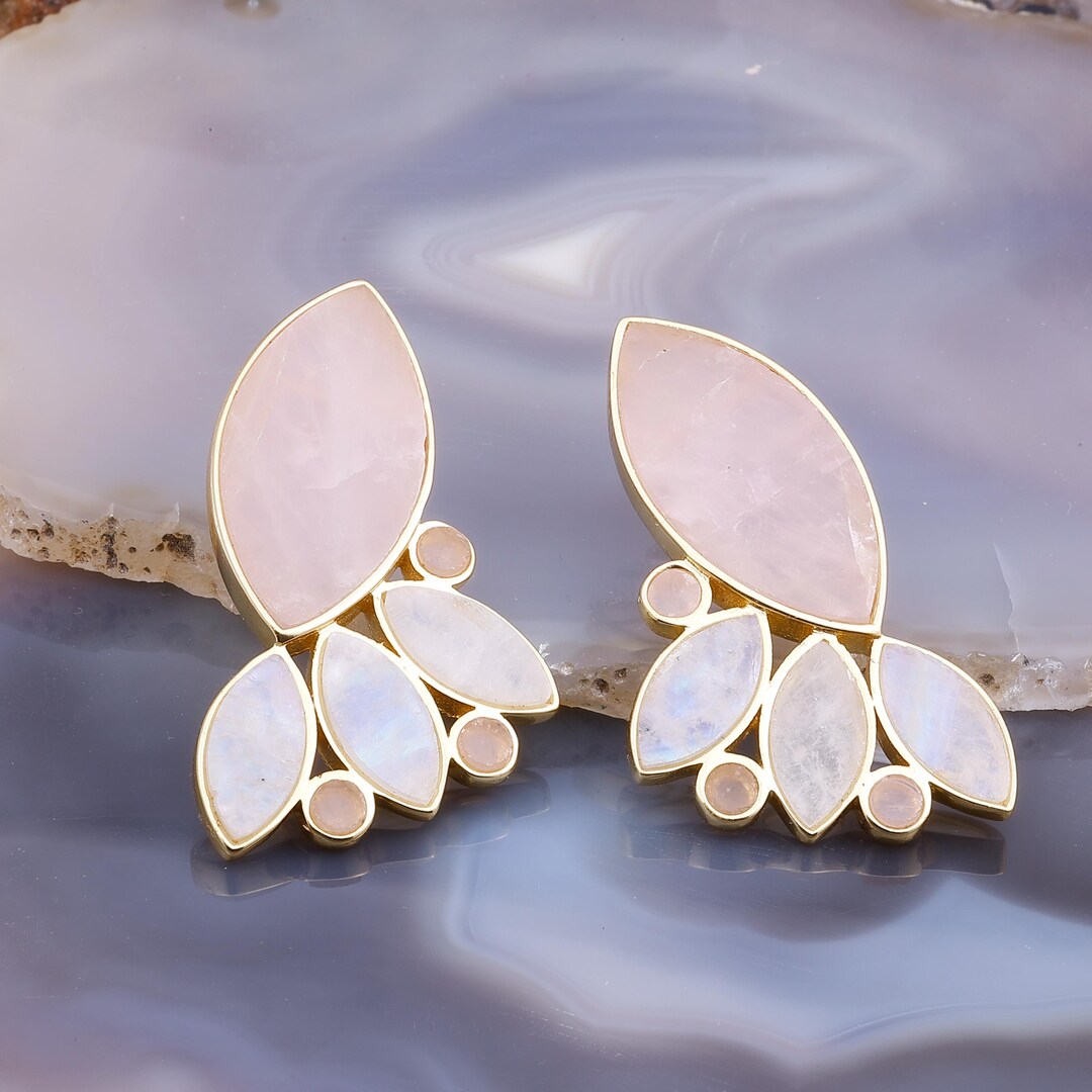 Rose Quartz & Rainbow Moonstone Stud Earrings | 1.88" Gold Plated Brass ...
