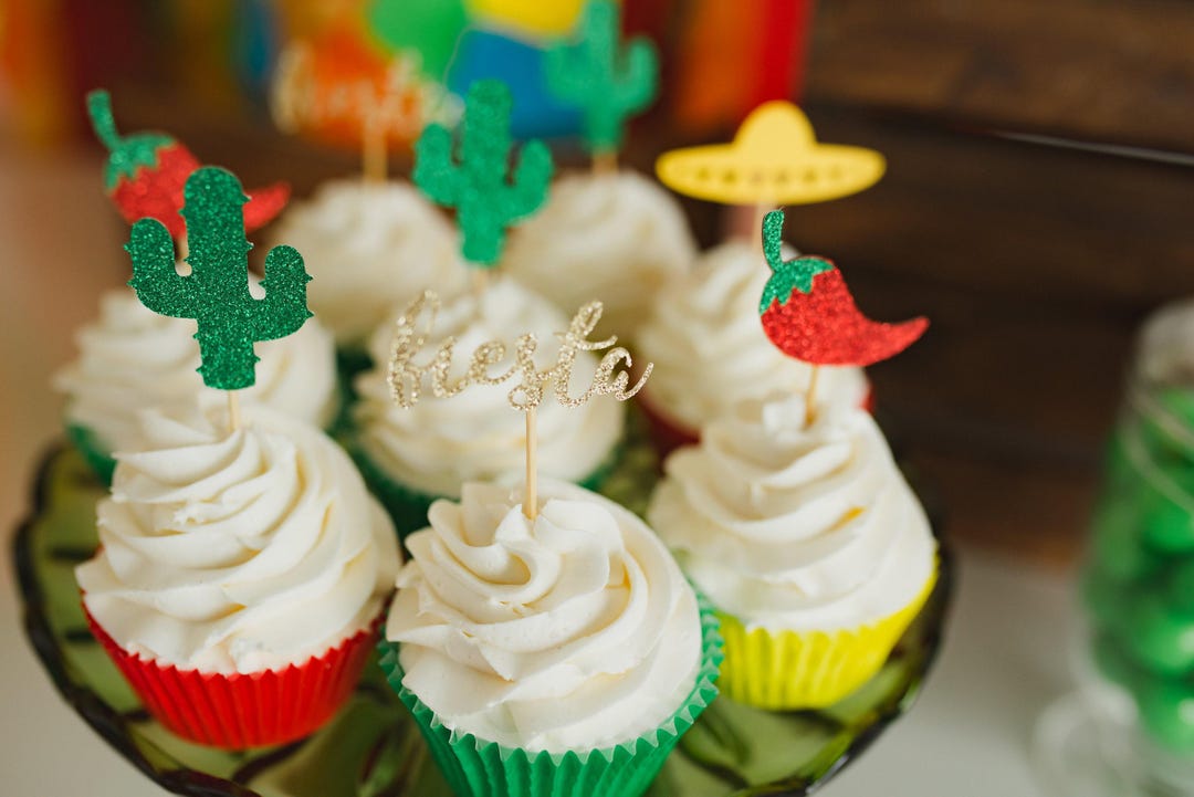 Fiesta Cupcake Toppers: Glitter Cactus, Sombrero, Chili - 12ct - Etsy
