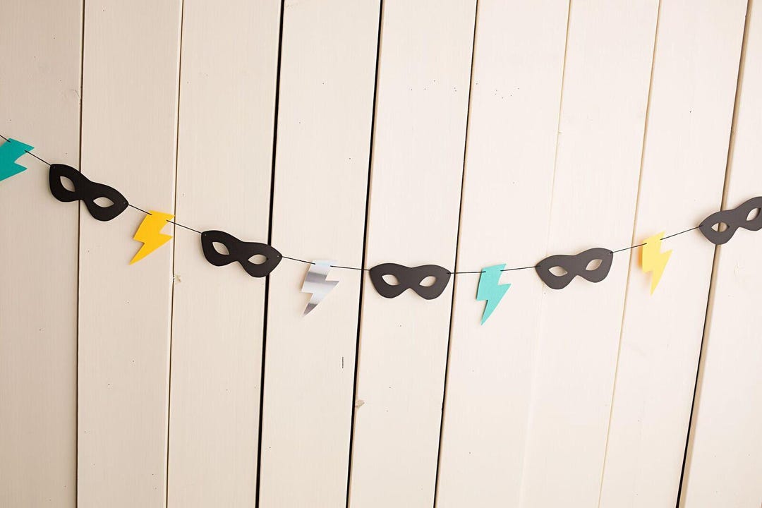 Superhero Birthday Party Garland: Masks & Lightning Bolts - Etsy