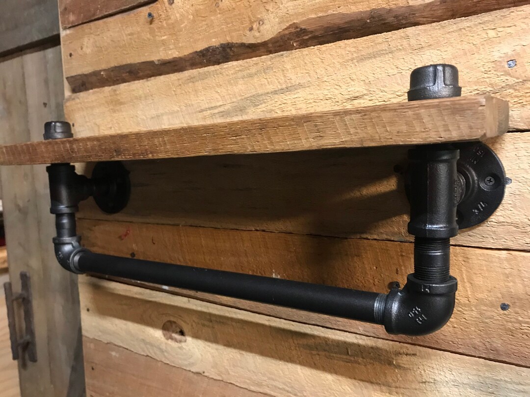 Barnwood Industrial Shelf With Metal Bar - Etsy