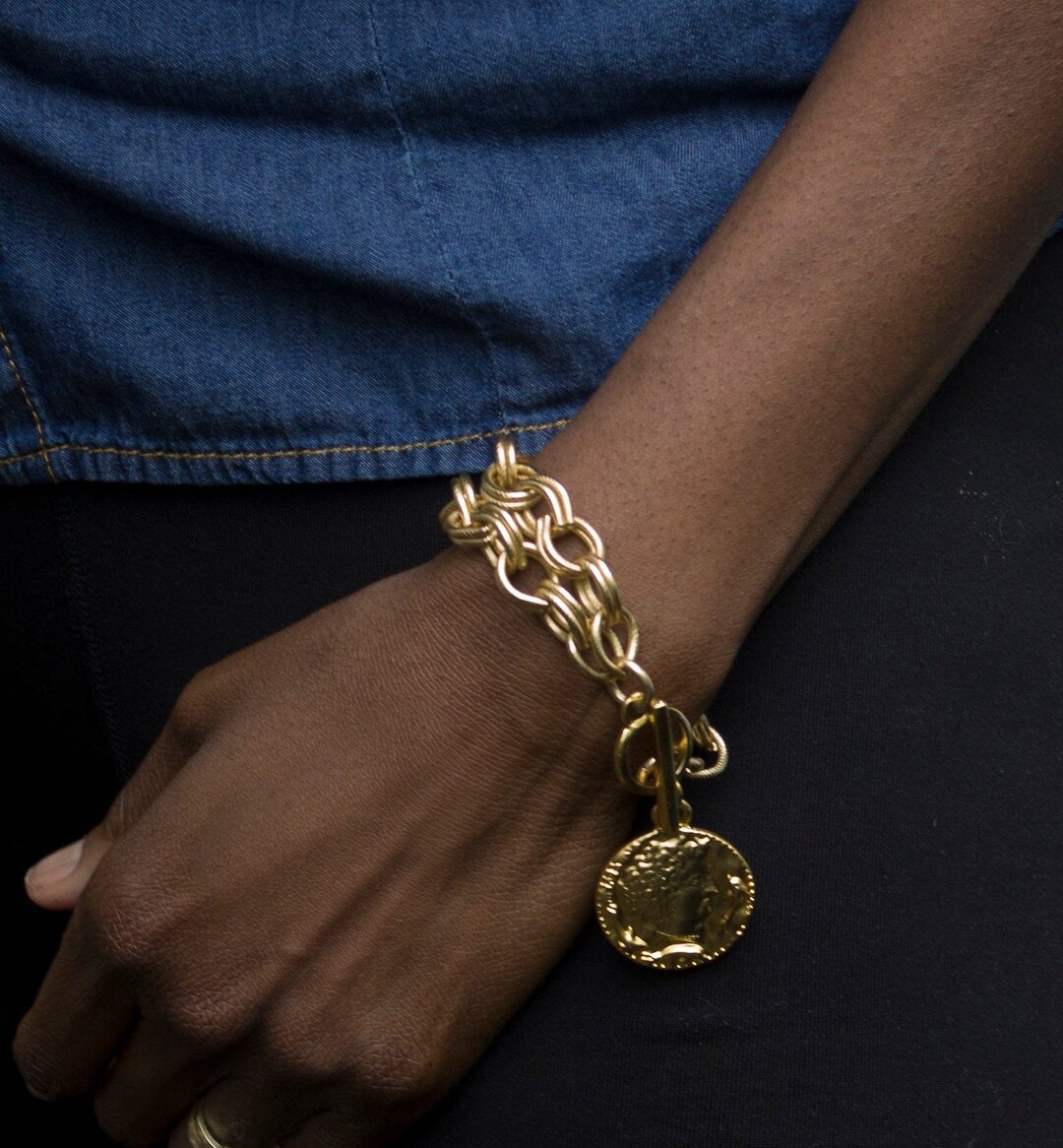 Gold Coin Charm Bracelet: Chunky Cable Chain Link Bracelet - Etsy