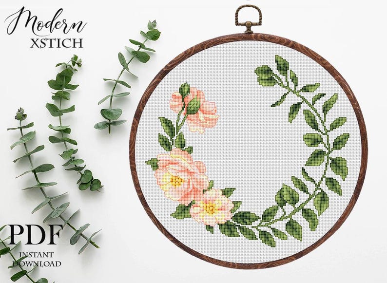 Peach Rose Wreath Cross Stitch Pattern | Floral Embroidery (PDF Pattern) - Etsy