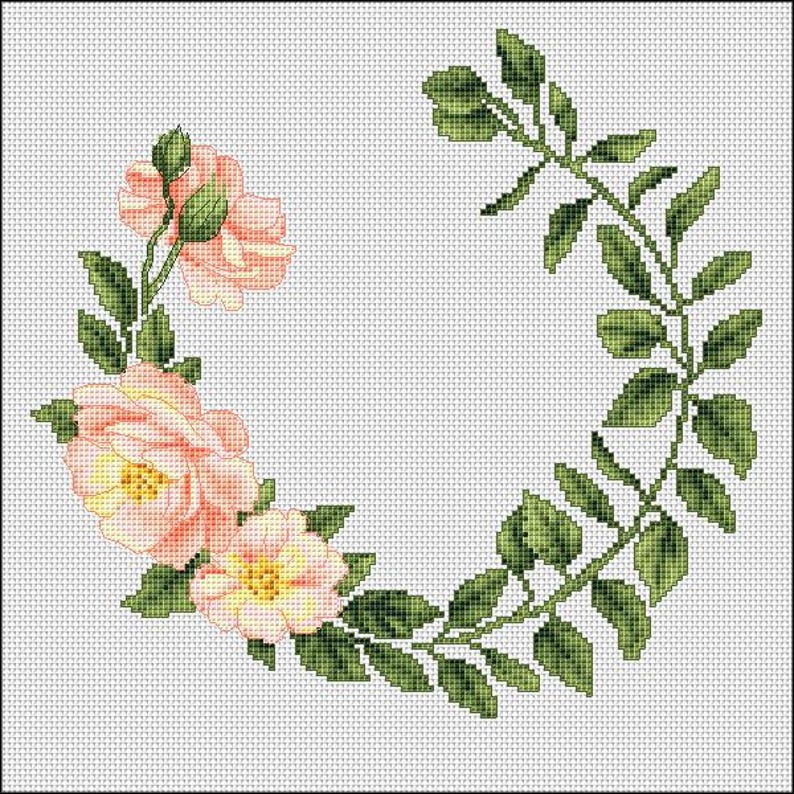 Peach Rose Wreath Cross Stitch Pattern | Floral Embroidery (PDF Pattern) - Etsy