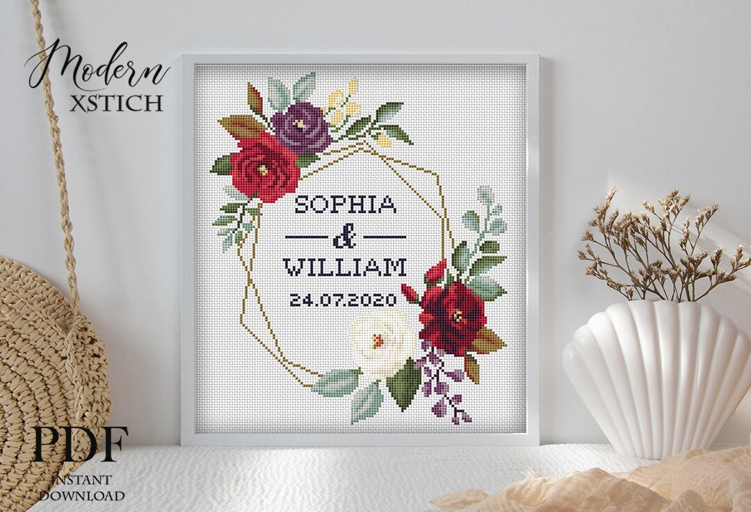 Wedding Cross Stitch Pattern Personalized Floral Wreath Cross Stitch ...