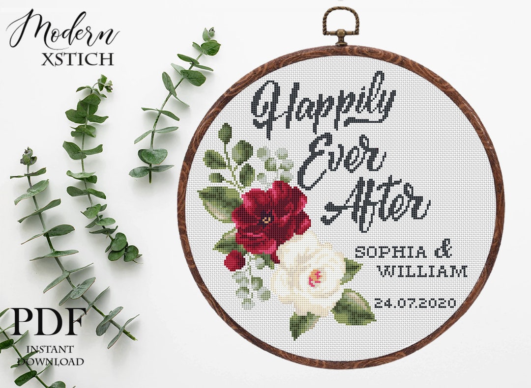 Wedding Cross Stitch Pattern Personalized Floral Wreath Burgundy White ...