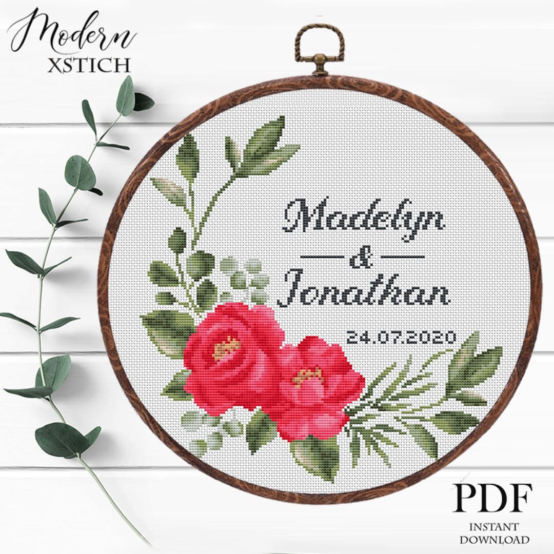 Personalized Wedding Cross Stitch Pattern Flower Wreath Red Rose ...