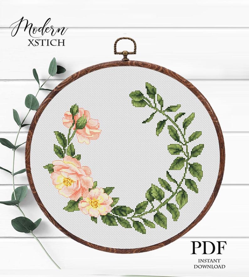 Peach Rose Wreath Cross Stitch Pattern | Floral Embroidery (PDF Pattern) - Etsy