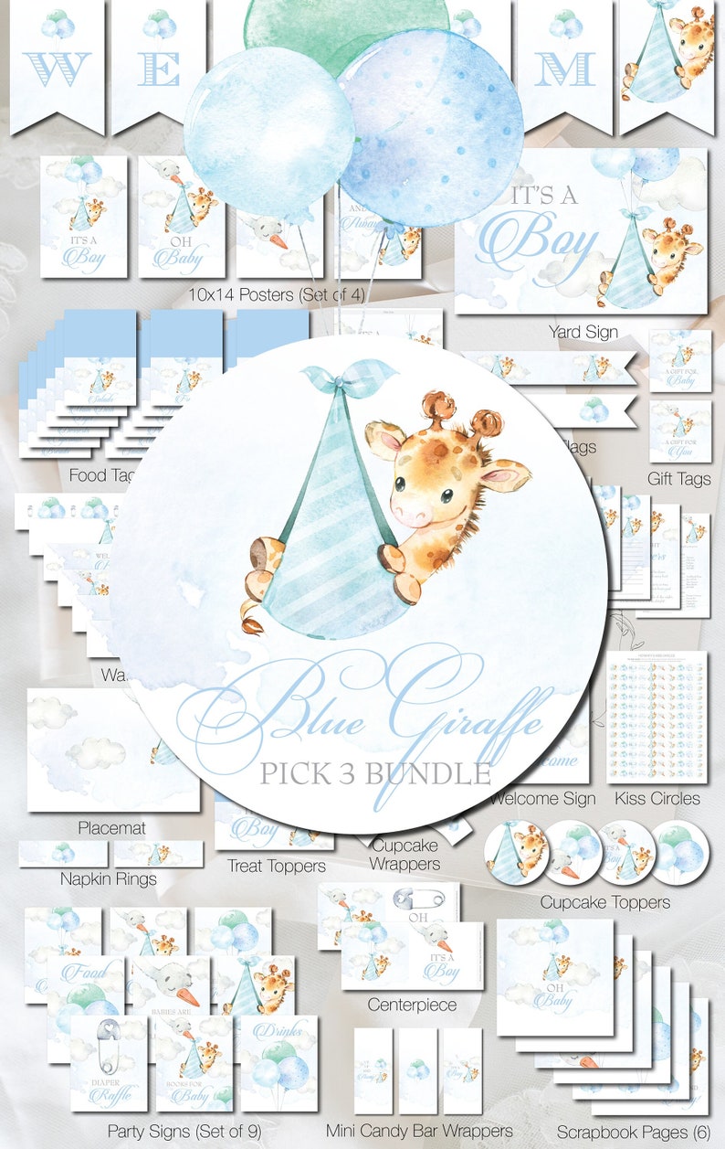 Blue Giraffe Printable Baby Shower Pick 3 Bundle Party Pack - Etsy