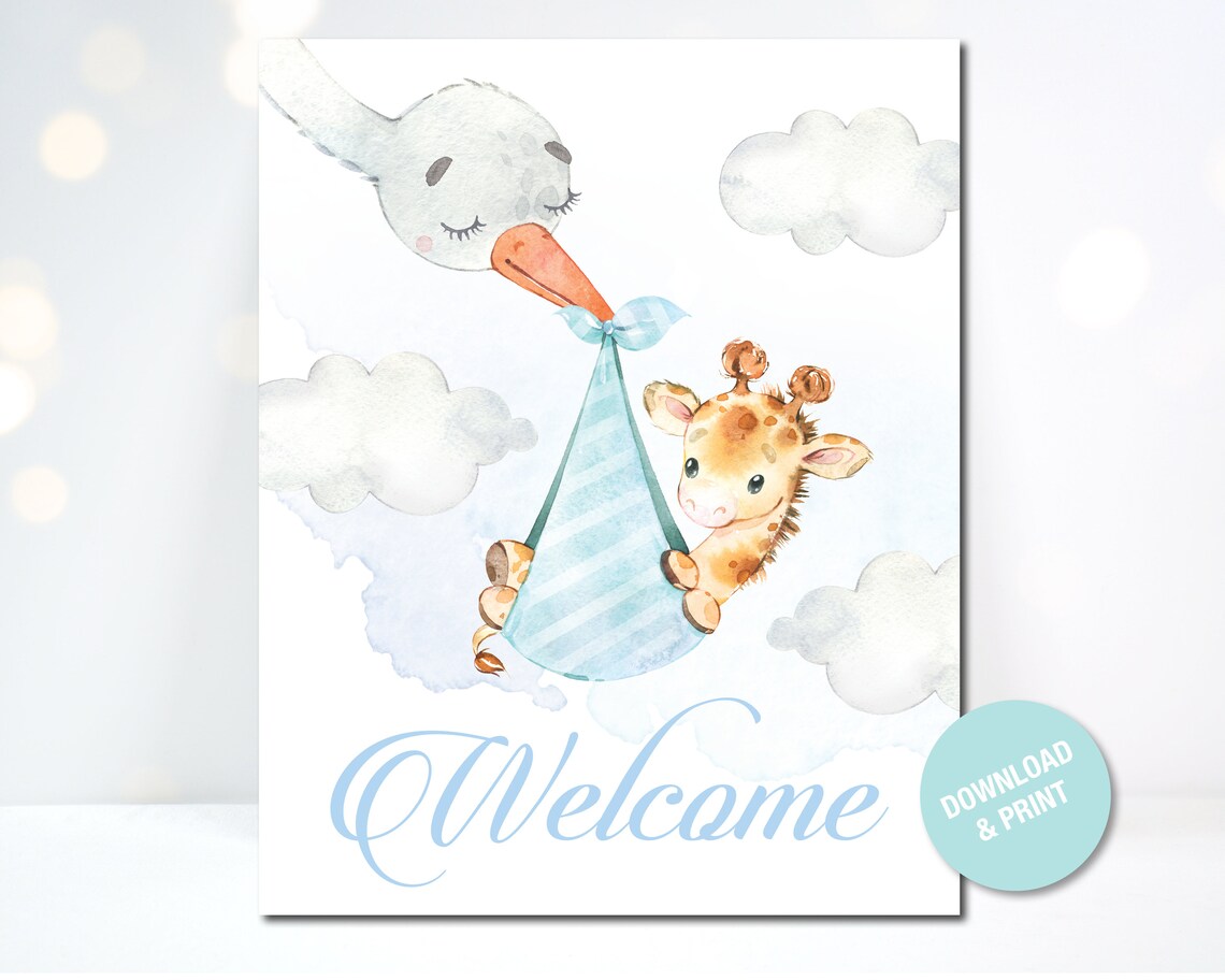 Blue Giraffe Baby Shower Welcome Sign Jungle Safari Printable - Etsy