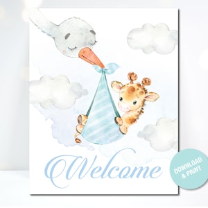 Blue Giraffe Baby Shower Welcome Sign Jungle Safari Printable Party Its ...