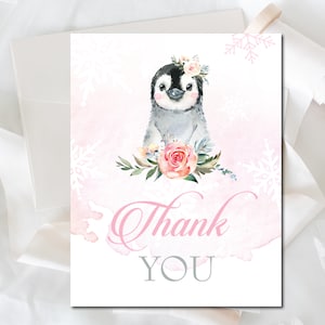 Pink Penguin Thank You Note, Thank You Card, Flat Note Card, Printable ...