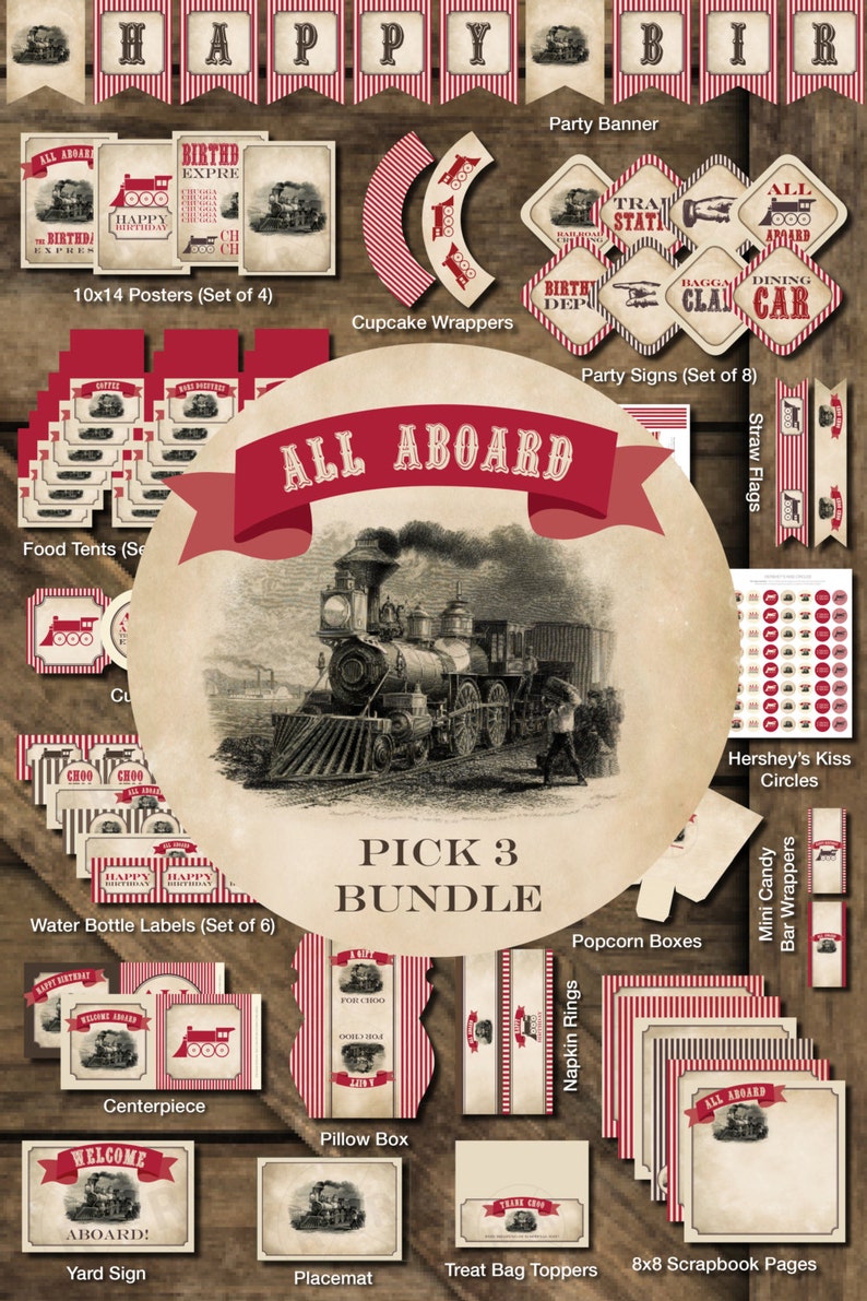 Train Birthday Party Package Vintage Train Printable Decorations Party ...