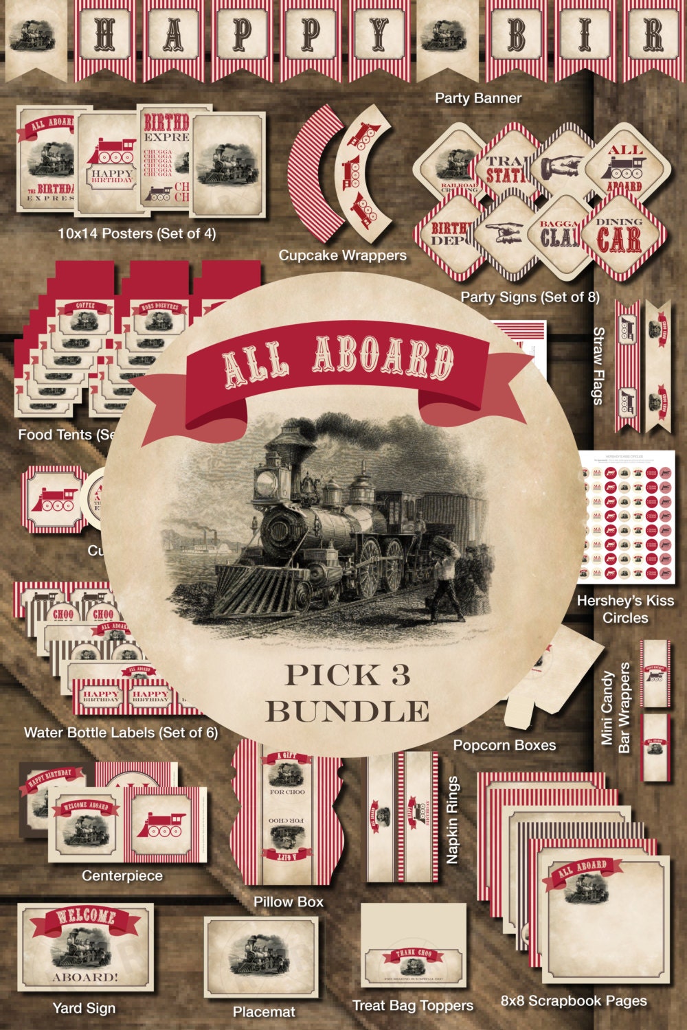 Train Birthday Party Package Vintage Train Printable Decorations Party ...