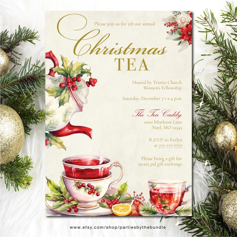 EDITABLE Christmas Tea Party Invitation: Festive Holiday Brunch (corjl ...