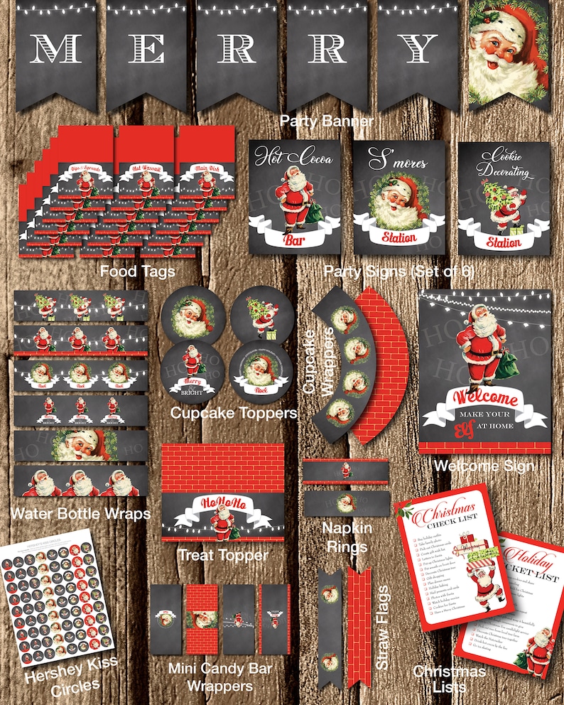 Retro Santa Decoration Kit Christmas Printable Party Bundle, Vintage ...